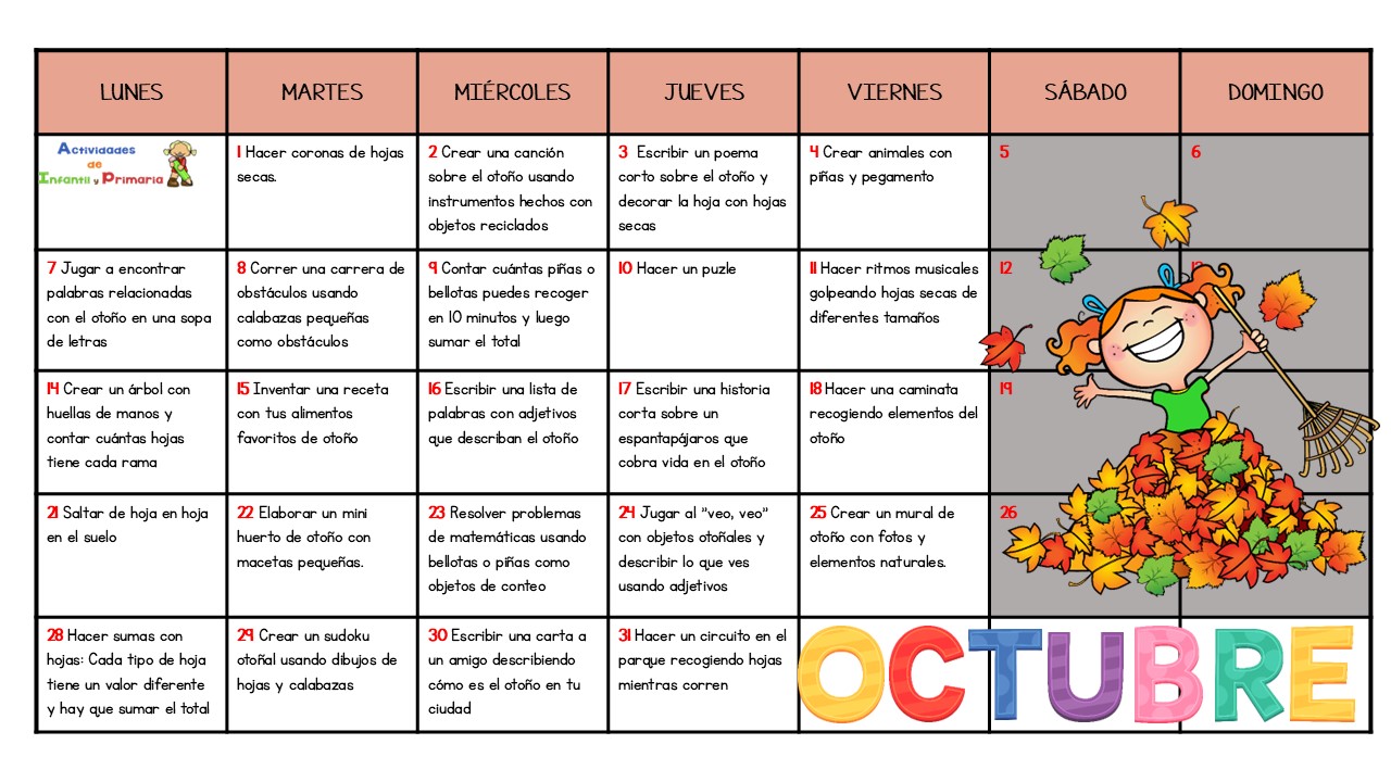 Calendario de actividades para el mes de octubre relacionadas con el ...