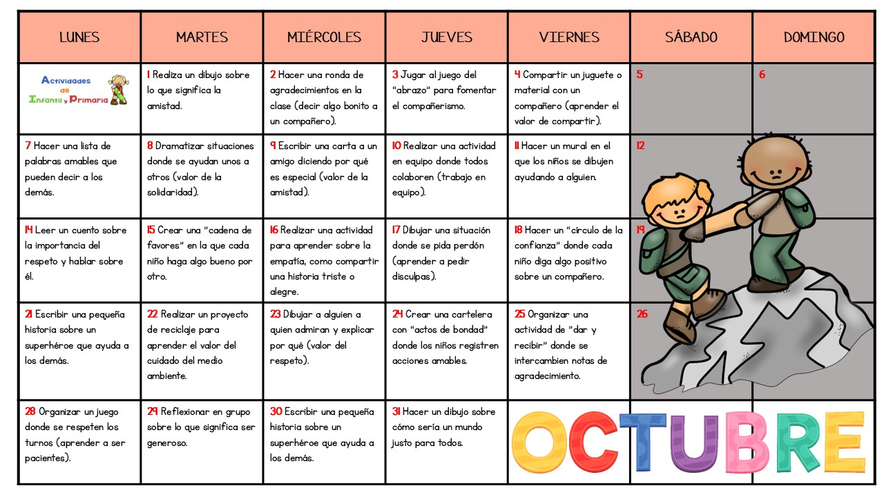Calendario de actividades basadas en valores, para el mes de octubre ...