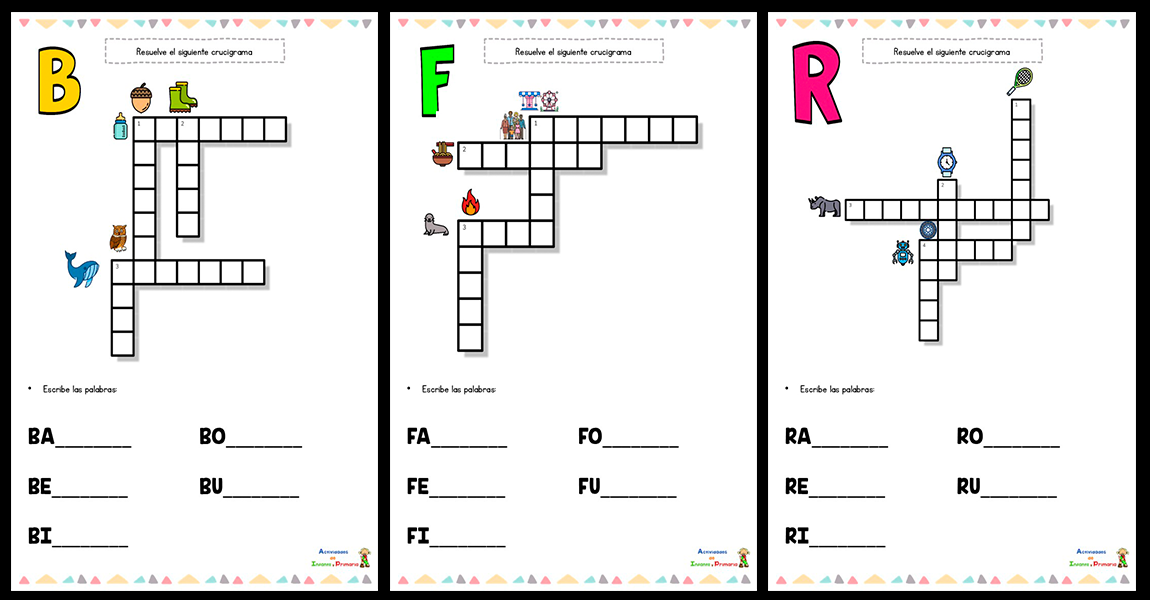 Crucigrama de palabras por sílabas iniciales (letras B - D - F - N - R ...