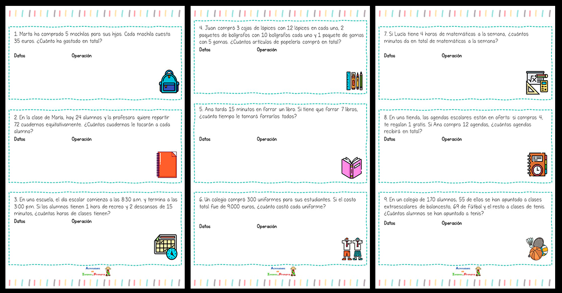 Colección de problemas matemáticos relacionados con la vuelta al cole ...