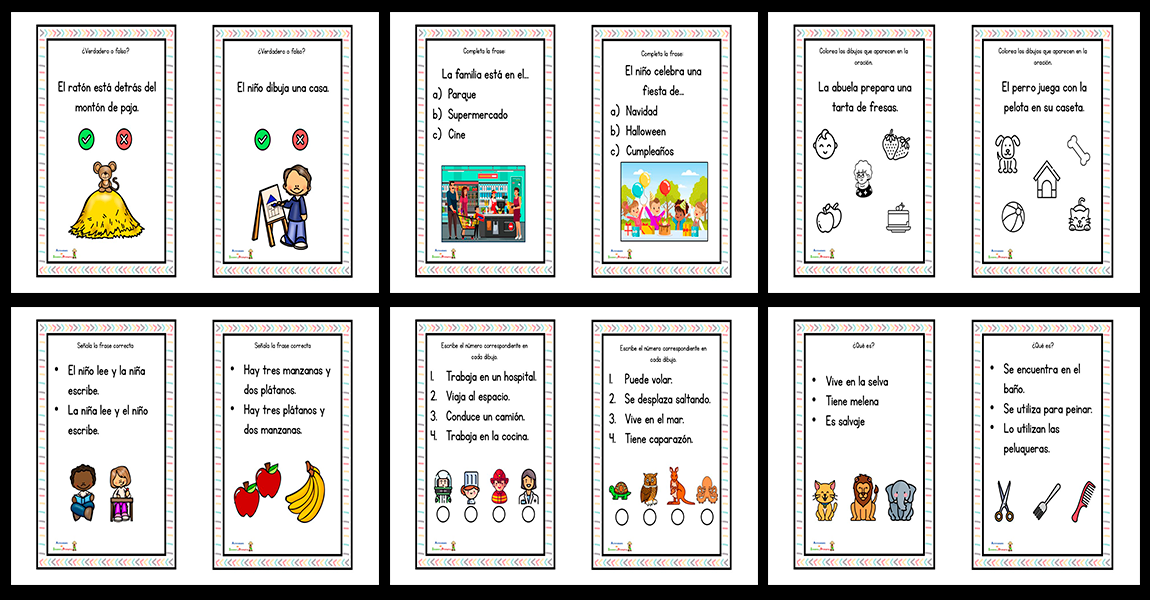 Tarjetas de actividades variadas de comprensión lectora de frases ...