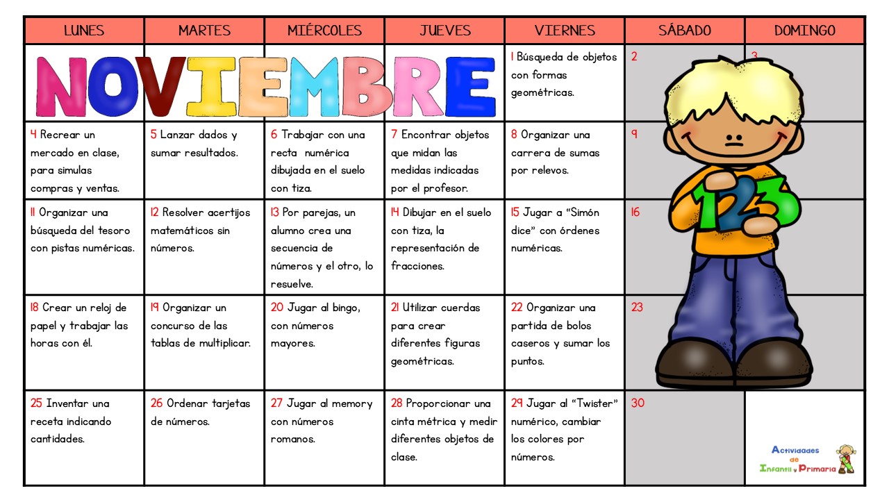 Calendario de actividades matemáticas para el mes de noviembre ...