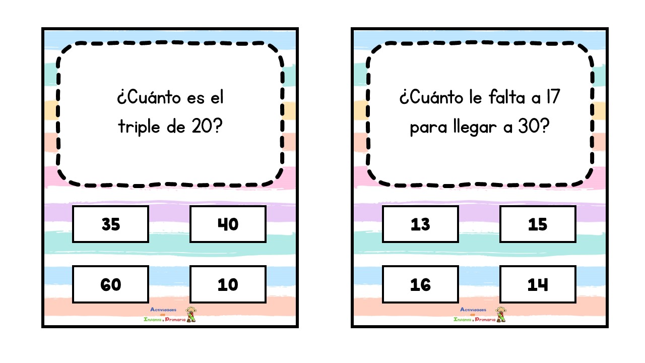 Tarjetas con retos para practicar el cálculo mental - Actividades de infantil y primaria
