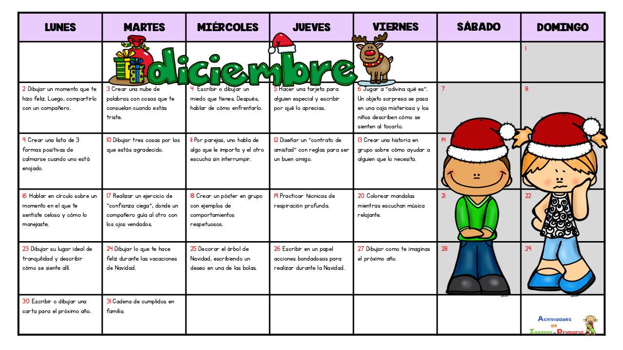 Calendario de actividades emociones para el mes de diciembre ...