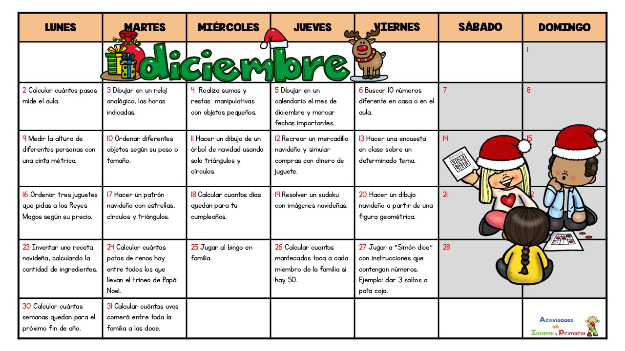Calendario de actividades matemáticas para diciembre 2024 - Actividades ...