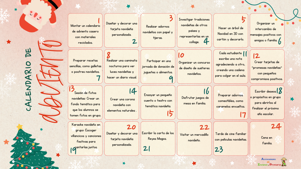 Calendario de adviento con divertidas actividades navideñas para el mes ...
