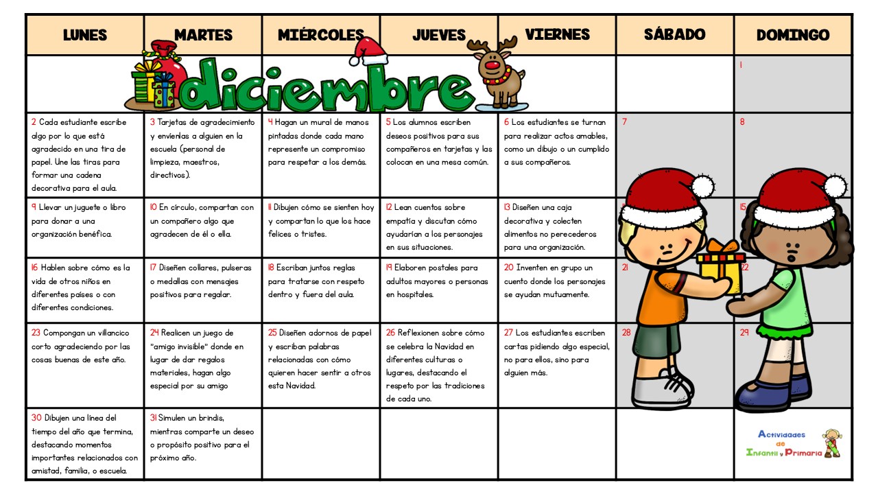 Calendario de actividades basadas en valores para el mes de diciembre ...