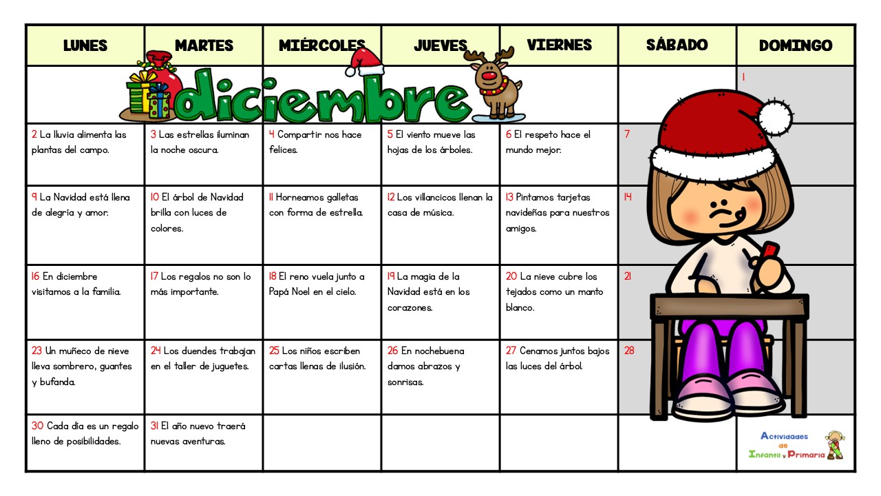 Calendario de dictados de frases cortas para el mes de diciembre ...