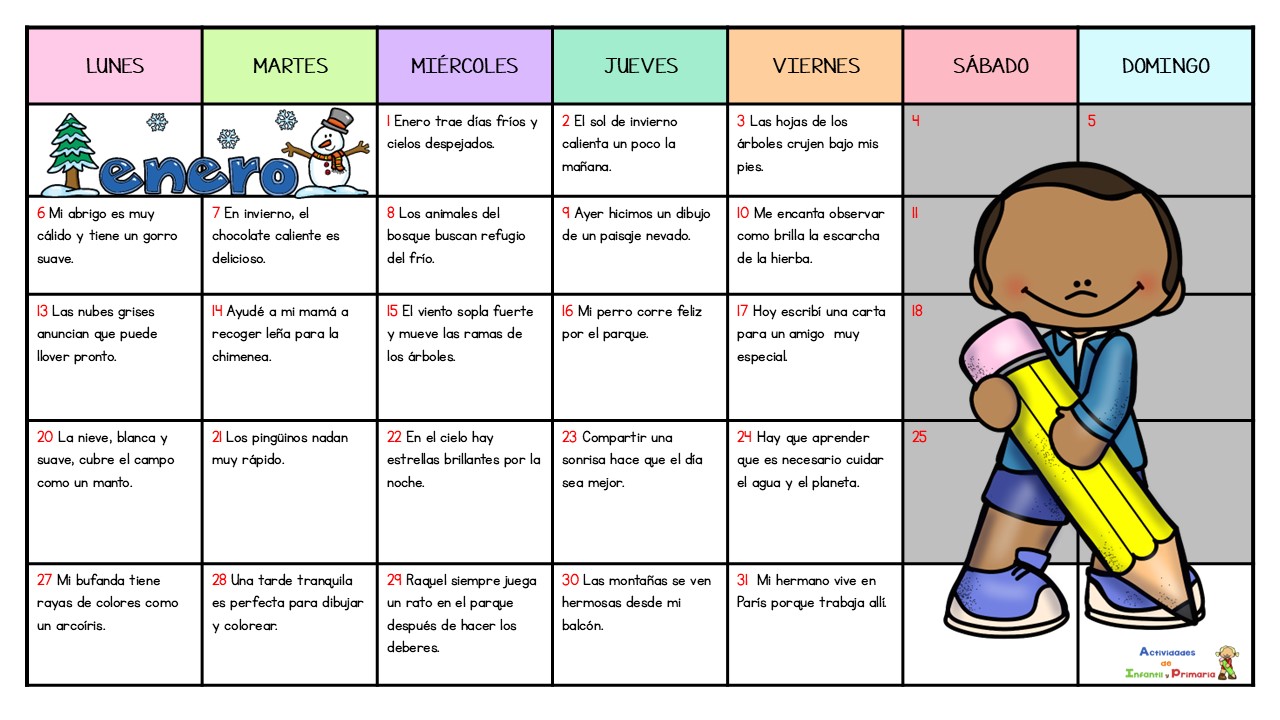 Calendario de dictados de frases para Primaria del mes de enero ...