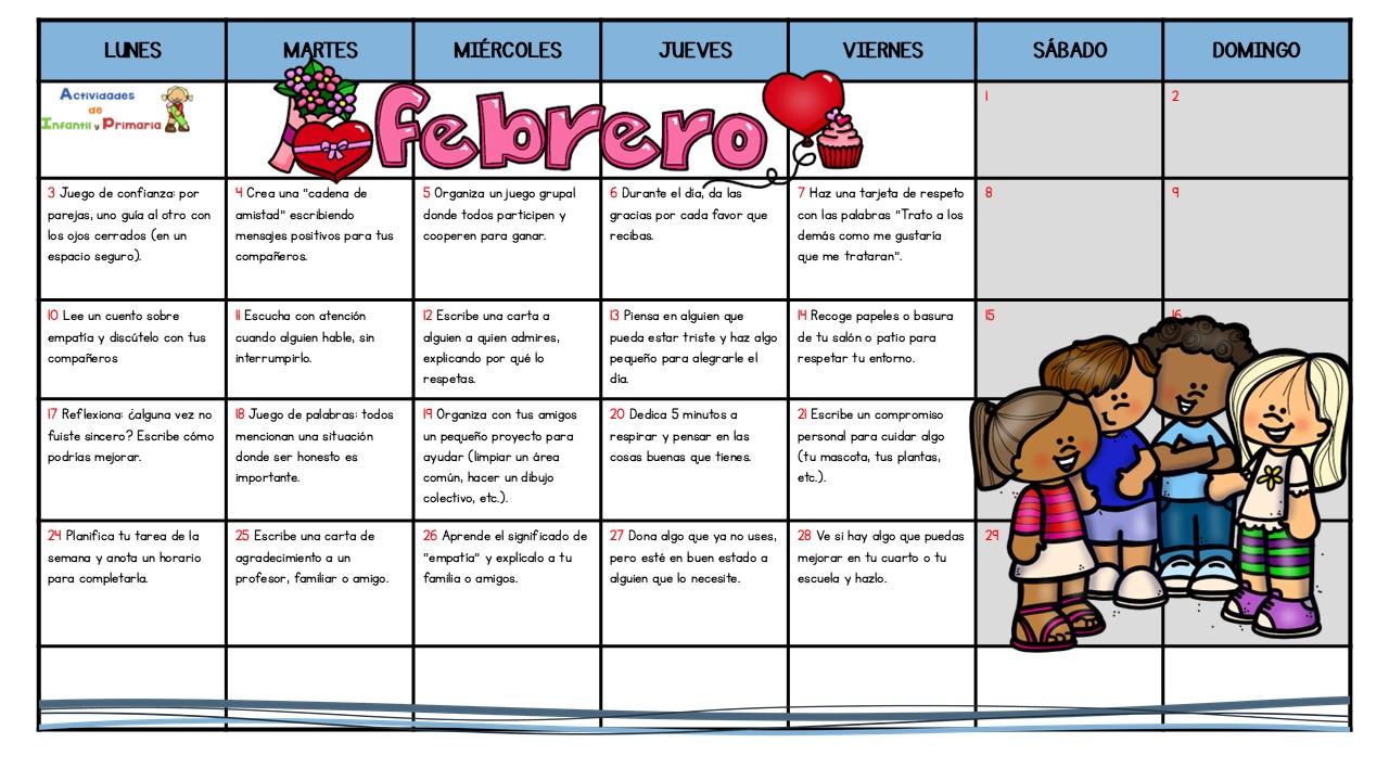 Calendario de actividades basadas en valores para Primaria del mes de ...