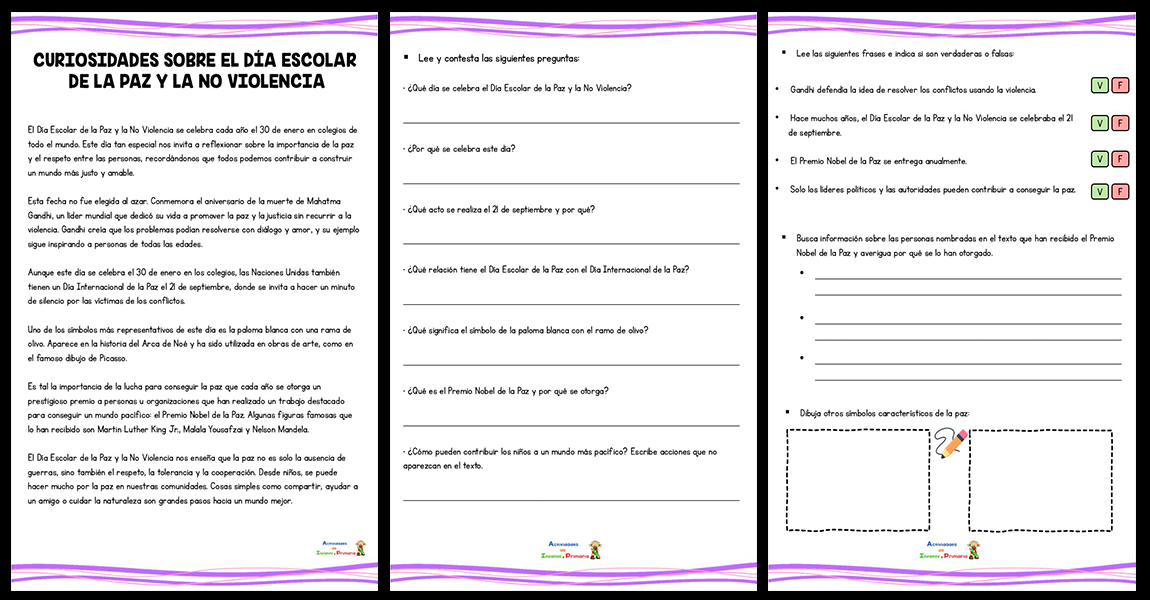 Lectura comprensiva: Curiosidades sobre el Día Escolar de la Paz y la ...