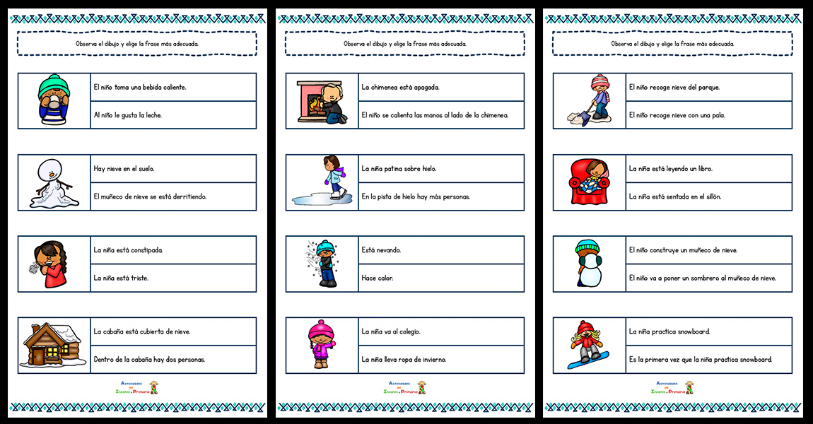 Comprensión lectora de frases con dibujos de invierno: Identifica cuál ...
