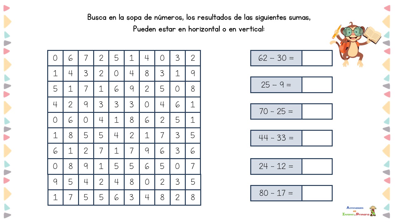 Sopas de números con restas: Resuelve y encuentra el resultado ...