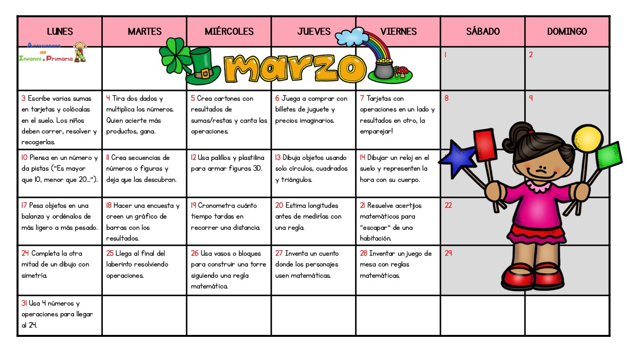 Calendario de actividades matemáticas para Primaria del mes de marzo ...