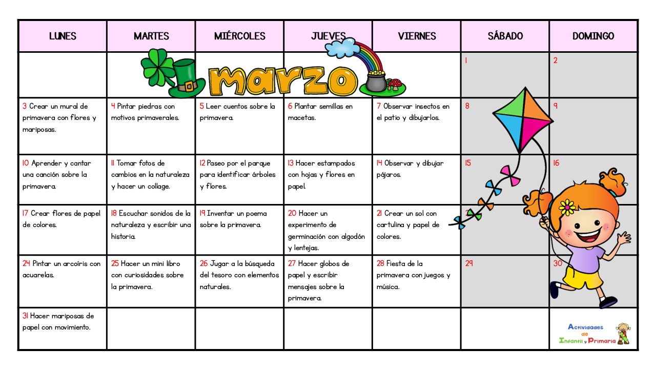 Calendario de actividades primaverales para Primaria del mes de marzo ...