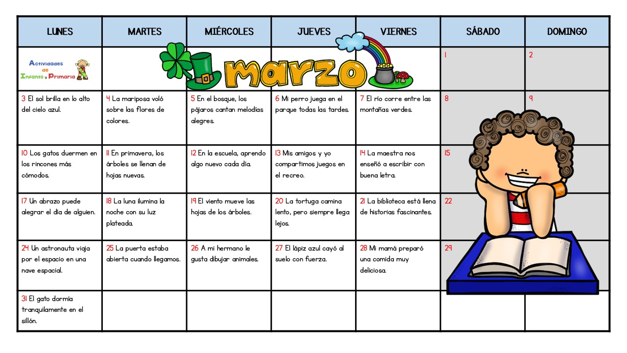 Calendario de dictado de frases para Primaria del mes de marzo ...