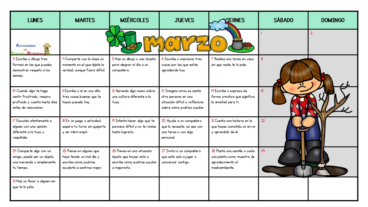 Calendario de actividades valores para Primaria del mes de marzo 2025 ...