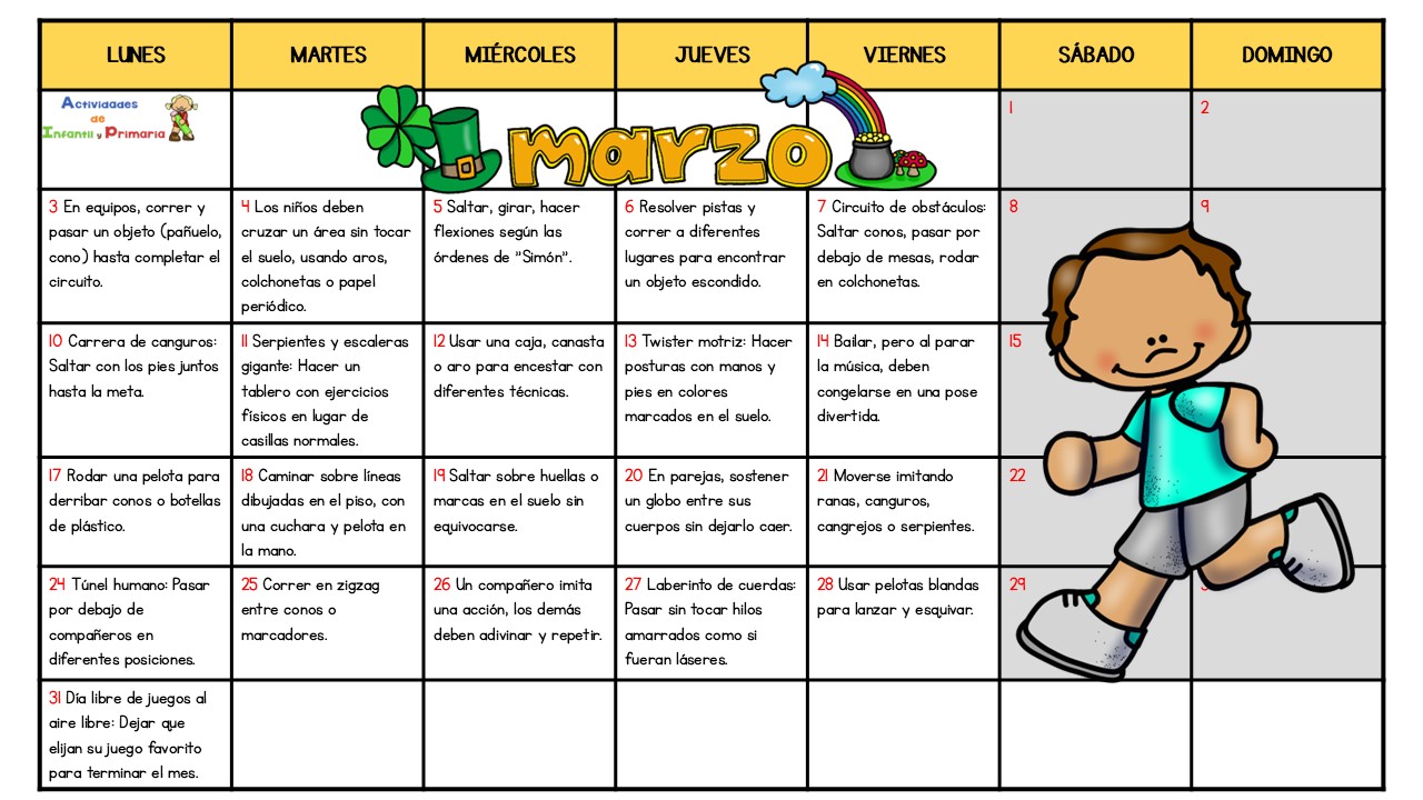 Calendario de actividades motrices para Primaria del mes de marzo ...