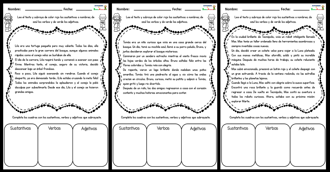 Hoja De Trabajo De Sustantivos, Verbos Y Adjetivos 6ºA – Repaso: