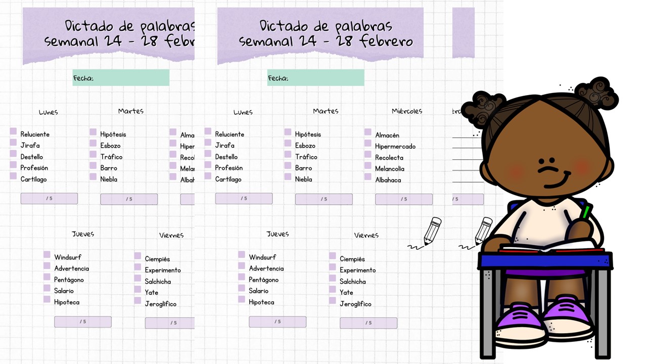 Dictado semanal de palabras 24-28 febrero + plantilla - Actividades de ...