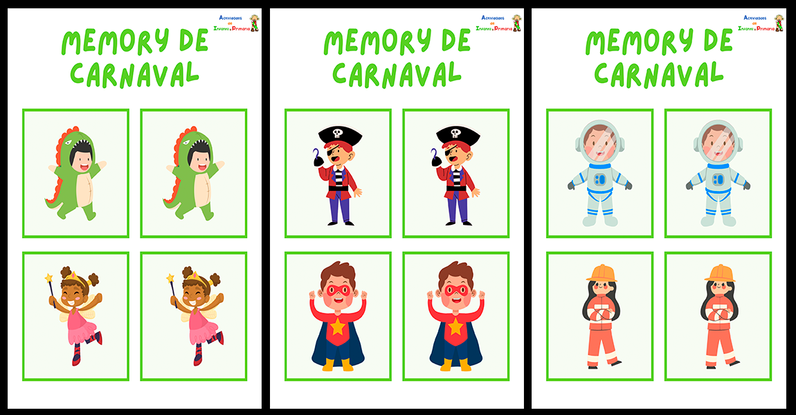 Divertido memory con disfraces de Carnaval - Actividades de infantil y primaria