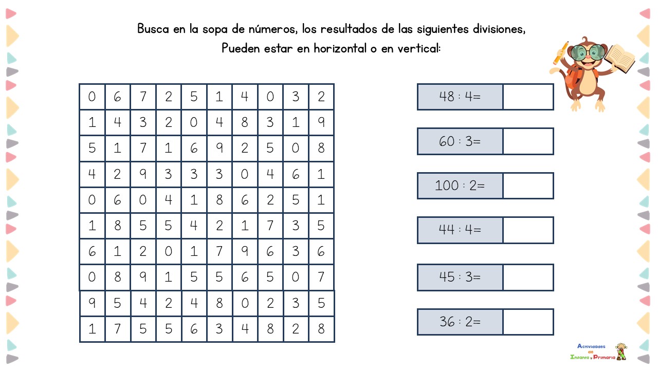 Sopa de números con divisiones: Resuelve y encuentra el resultado ...