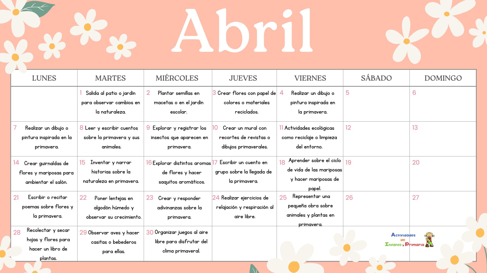 Precioso calendario de actividades para el mes de abril - Actividades ...