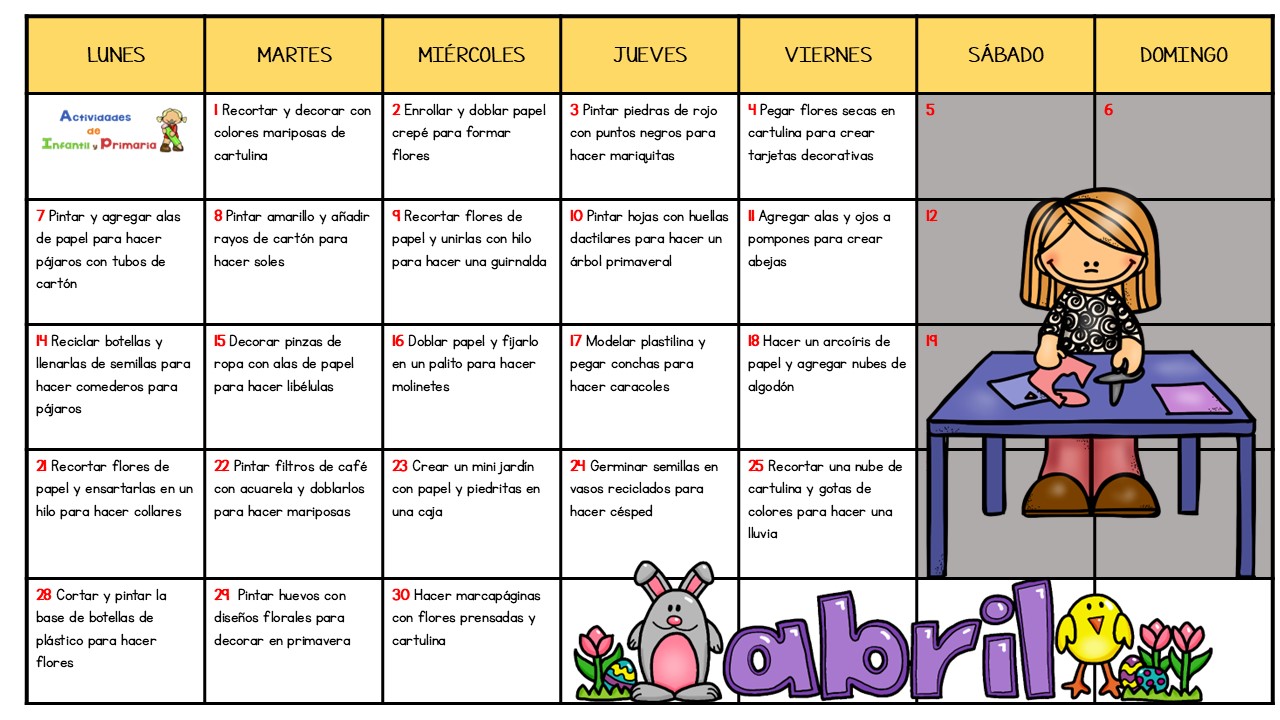 Calendario de manualidades para el mes de abril - Actividades de infantil y primaria