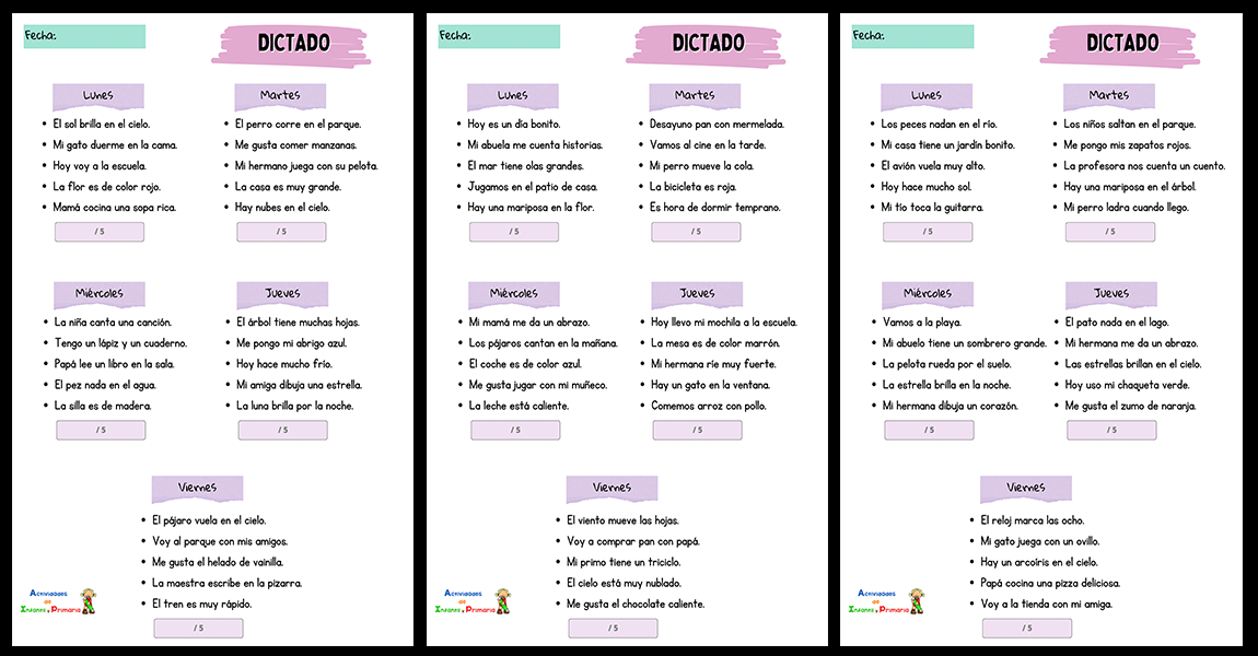 Dictado semanal de oraciones cortas - Actividades de infantil y primaria