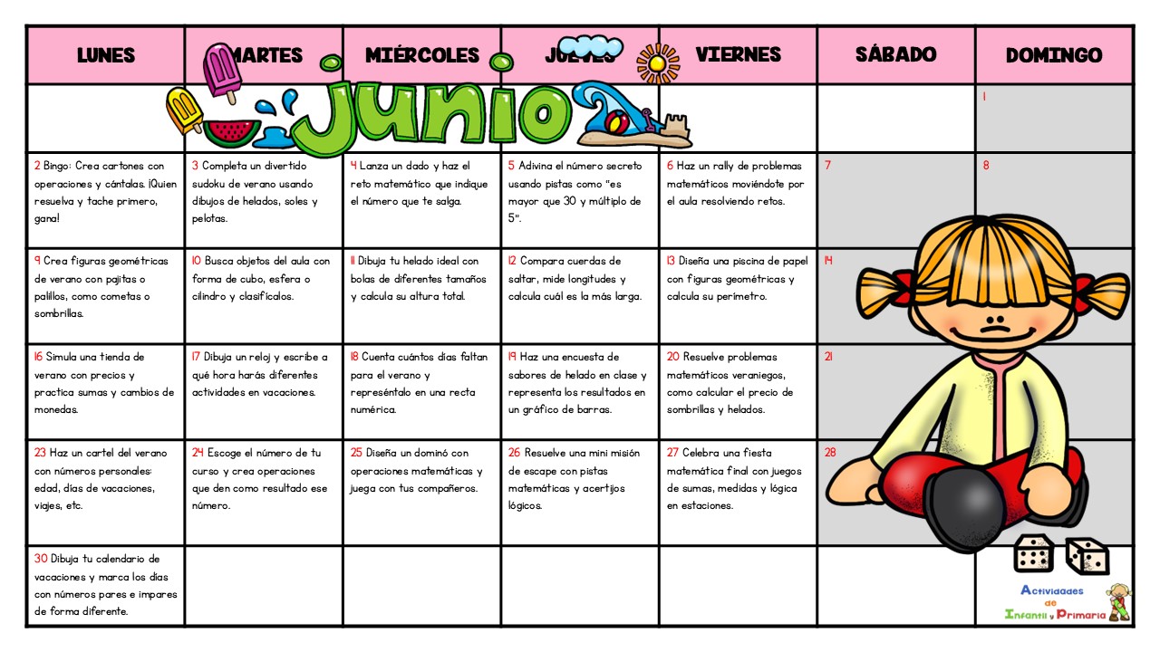 Calendario de actividades matemáticas para Primaria del mes de junio - Actividades de infantil y ...