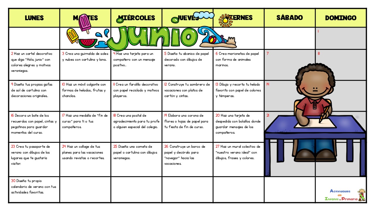 Calendario de manualidades junio 2025 - Actividades de infantil y primaria