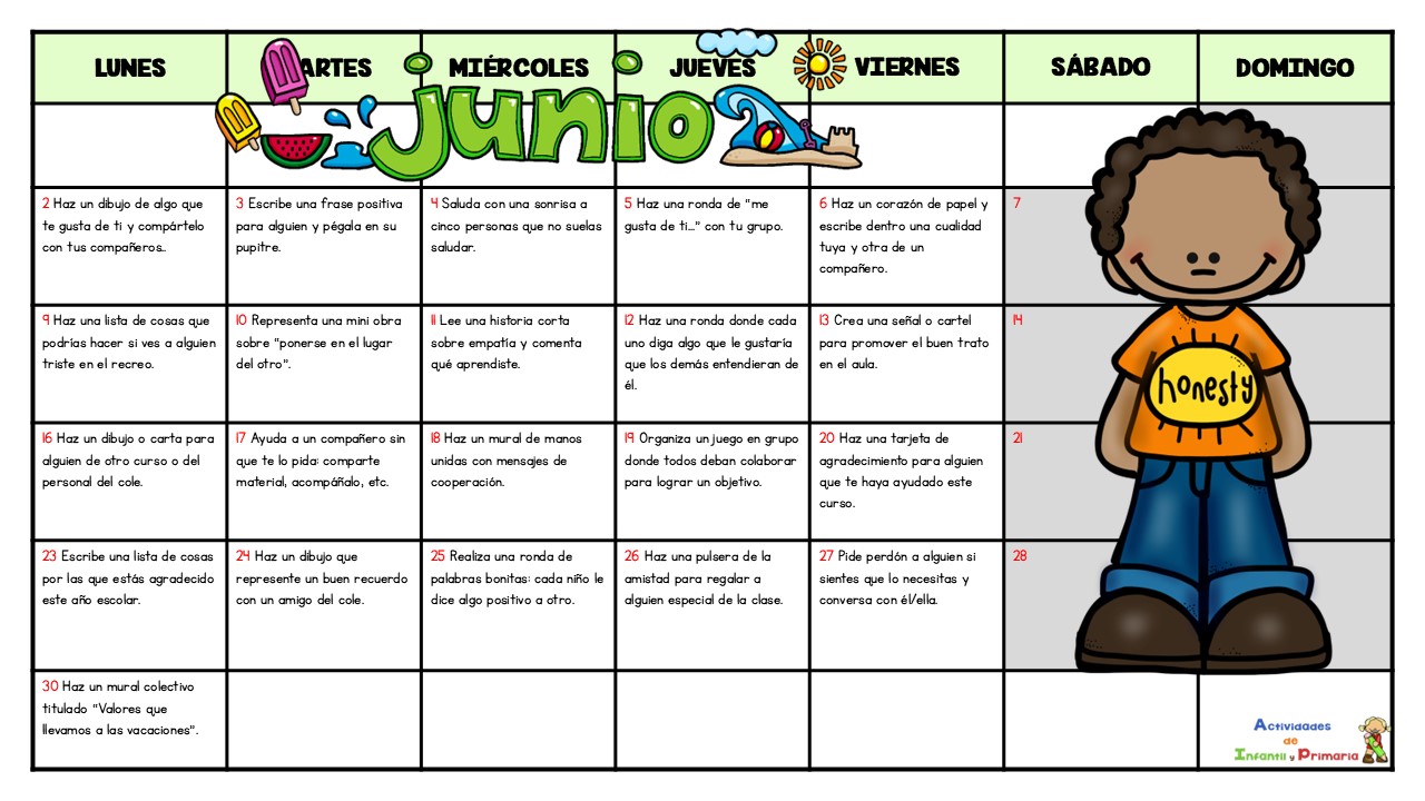 Calendario de actividades de valores del mes de junio 2025 - Actividades de infantil y primaria