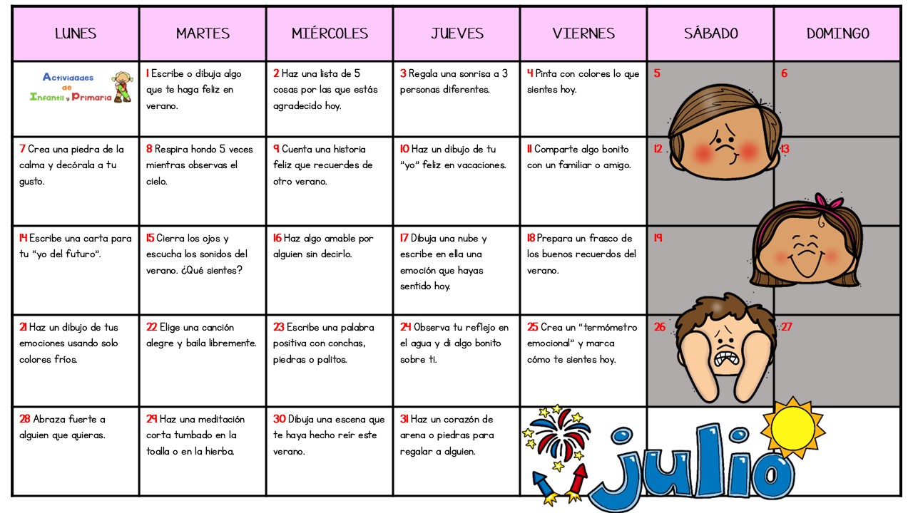 Calendario de actividades emocionales para el mes de julio 2025 ...