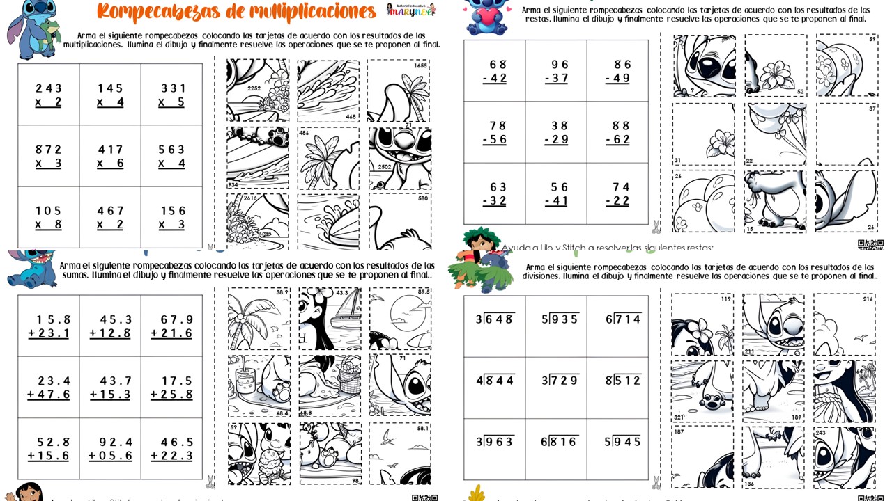Divertidos rompecabezas matemáticos de Lilo y Stitch: Resuelve y arma ...