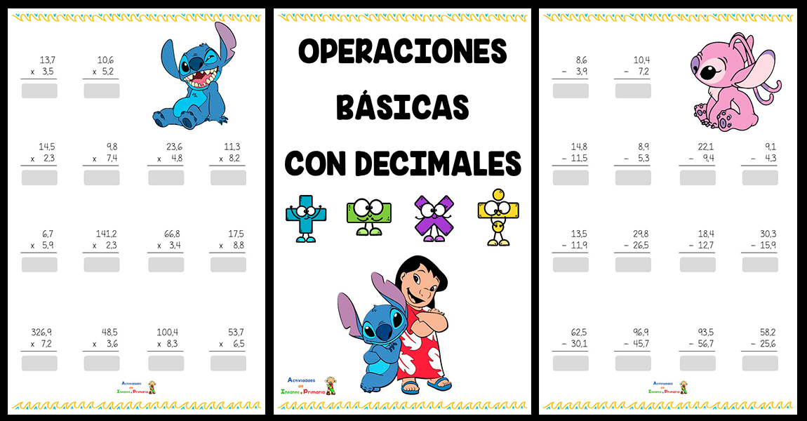Cuadernillo de operaciones básicas con decimales de Lilo y Stitch - Actividades de infantil y ...