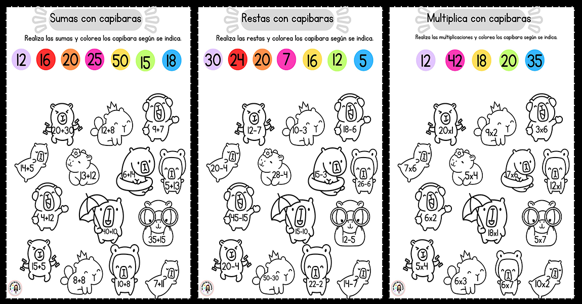 Fichas matemáticas de repaso con capibaras: Sumas, restas y multiplicaciones - Actividades de ...
