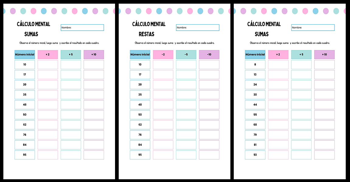Hojas de trabajo: Cálculo mental sumas y restas - Actividades de ...