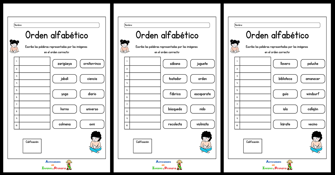 Fichas para ordenar alfabéticamente palaras - Actividades de infantil y ...