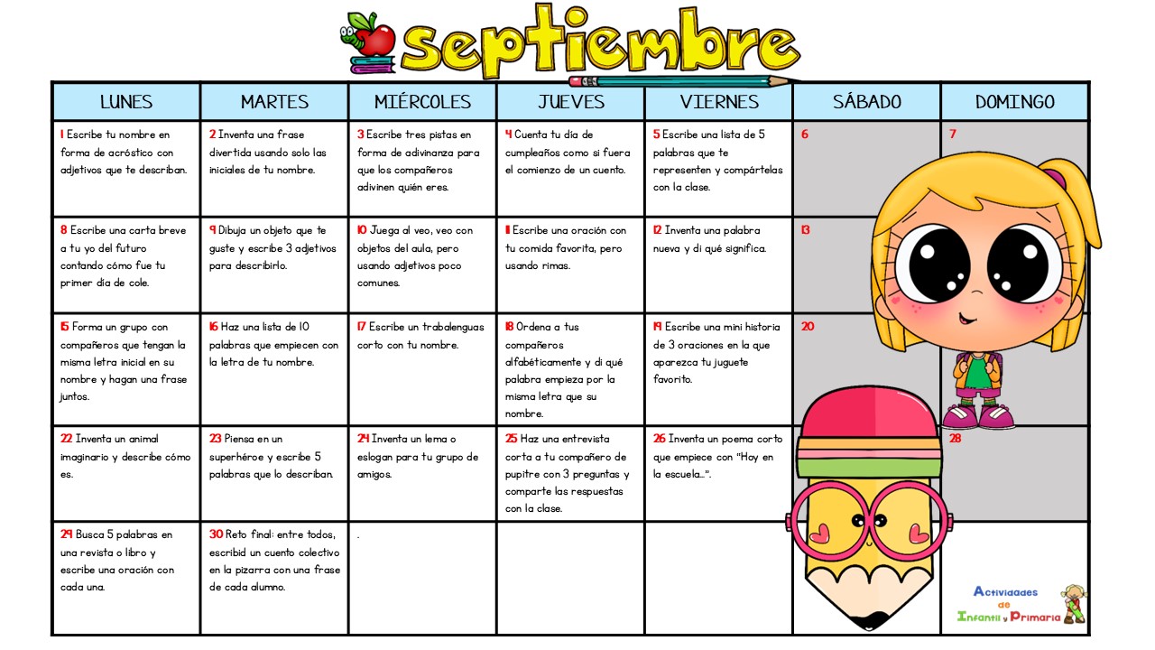 Calendario de divertidos retos de lengua para el mes de septiembre ...