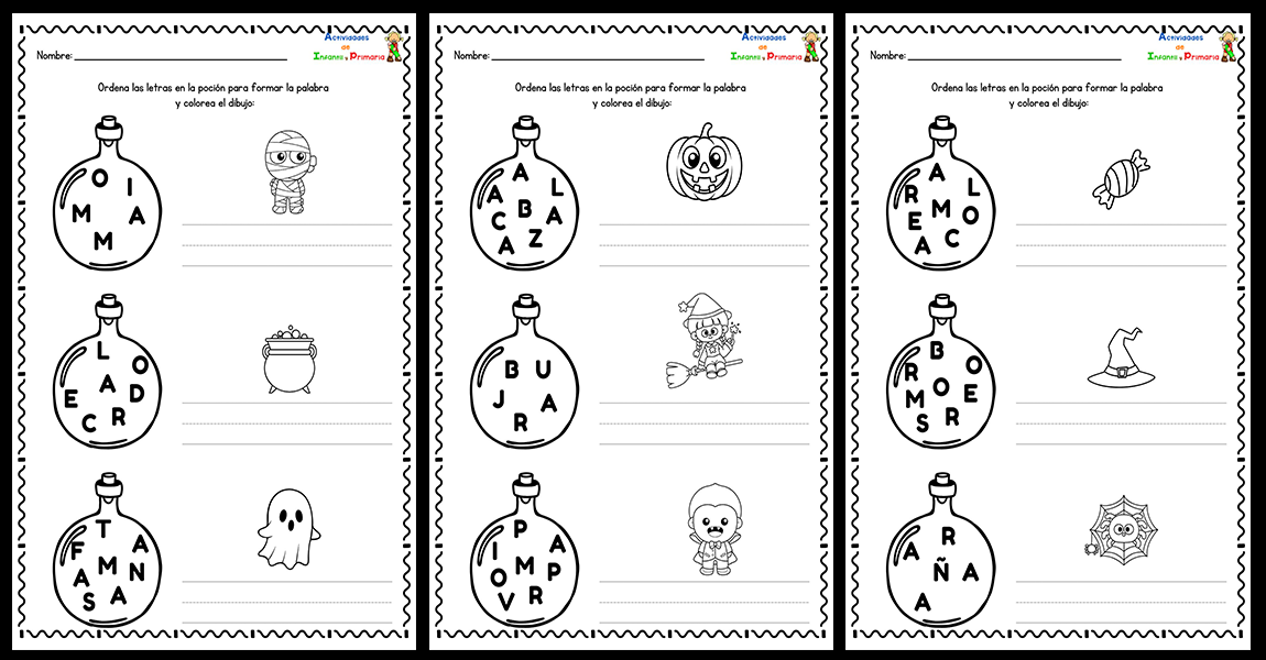 Lectoescritura del vocabulario de Halloween: Ordena, escribe y colorea ...