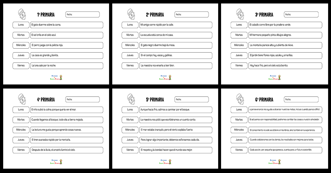 Dictado semanal de frases por cursos de Primaria + plantilla ...