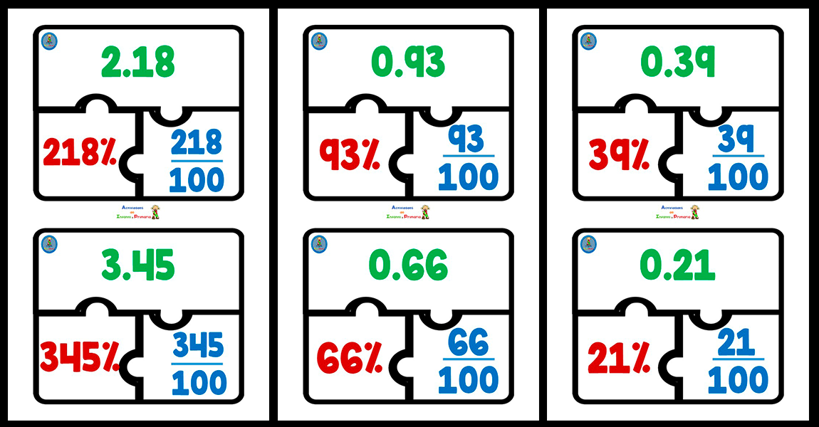 Puzles manipulativos: Equivalencia entre porcentajes, fracciones y ...