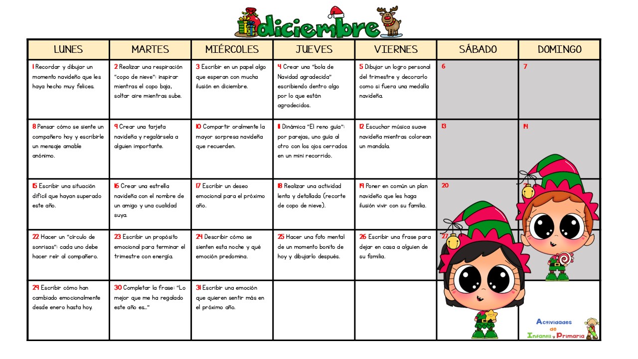 Calendario de actividades emocionales navideñas para el mes de ...