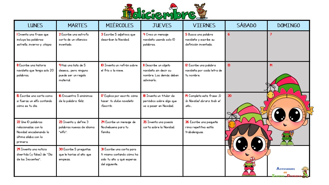 Calendario de retos navideños de lengua para el mes de diciembre ...