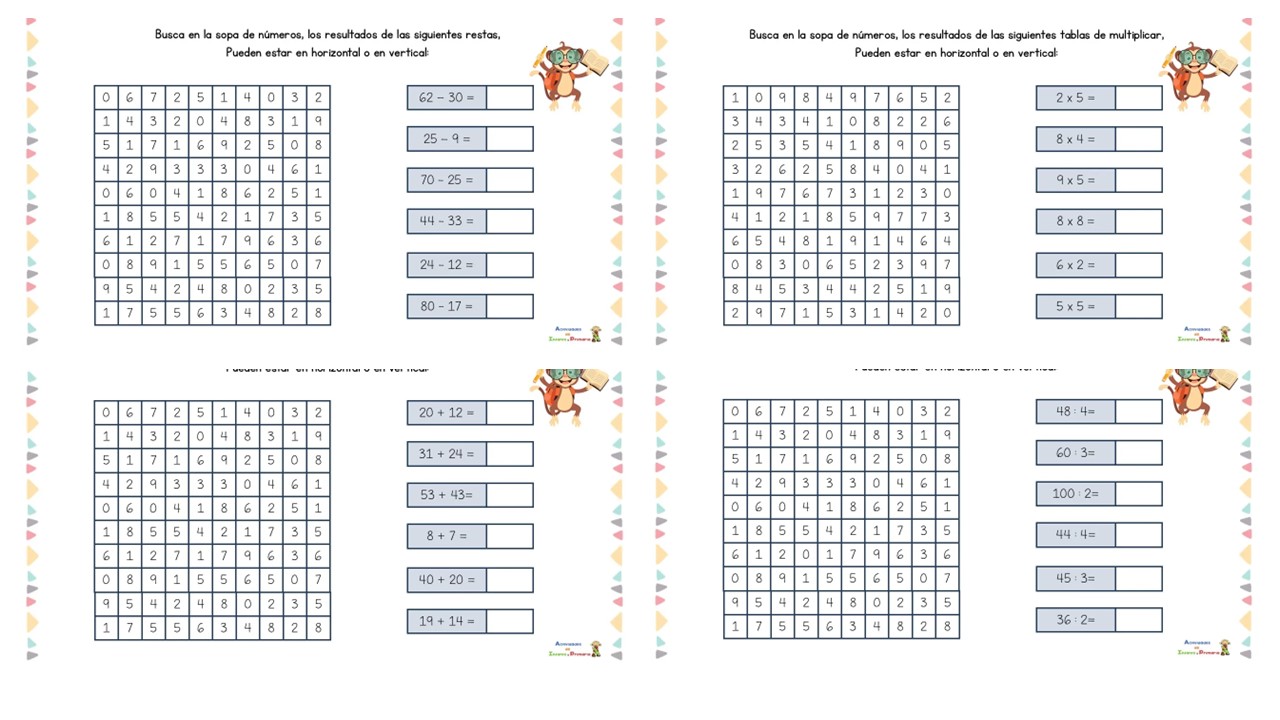 Sopa de números de las cuatros operaciones básicas: ¡Atrapa el ...