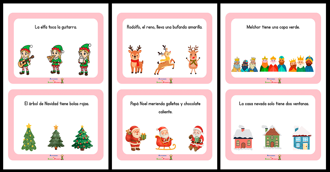 Tarjetitas de comprensión lectora de frases cortas con dibujos de ...