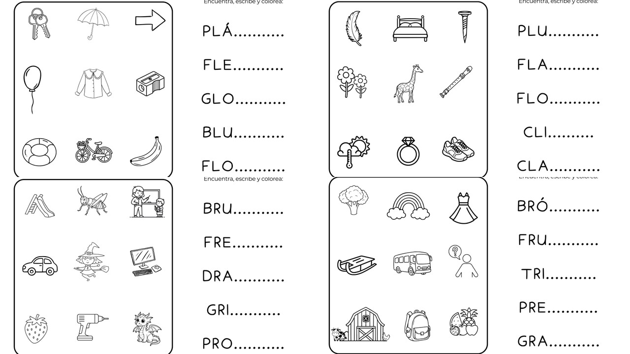 ¡Encuentra la sílaba trabada! Escribe y colorea - Actividades de ...