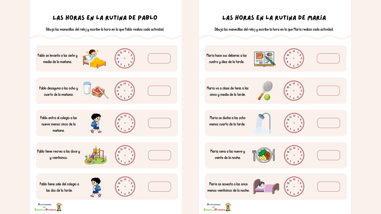 Comprensión del tiempo: Dibuja las horas de la rutina diaria ...