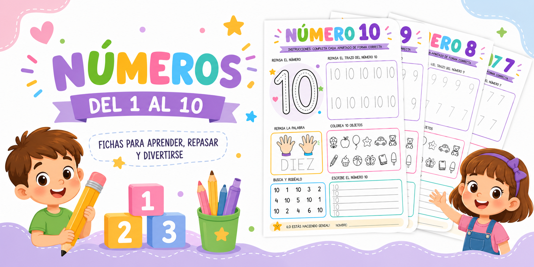 Fichas infantiles ilustrativas para aprender los números del 1 al 10 ...